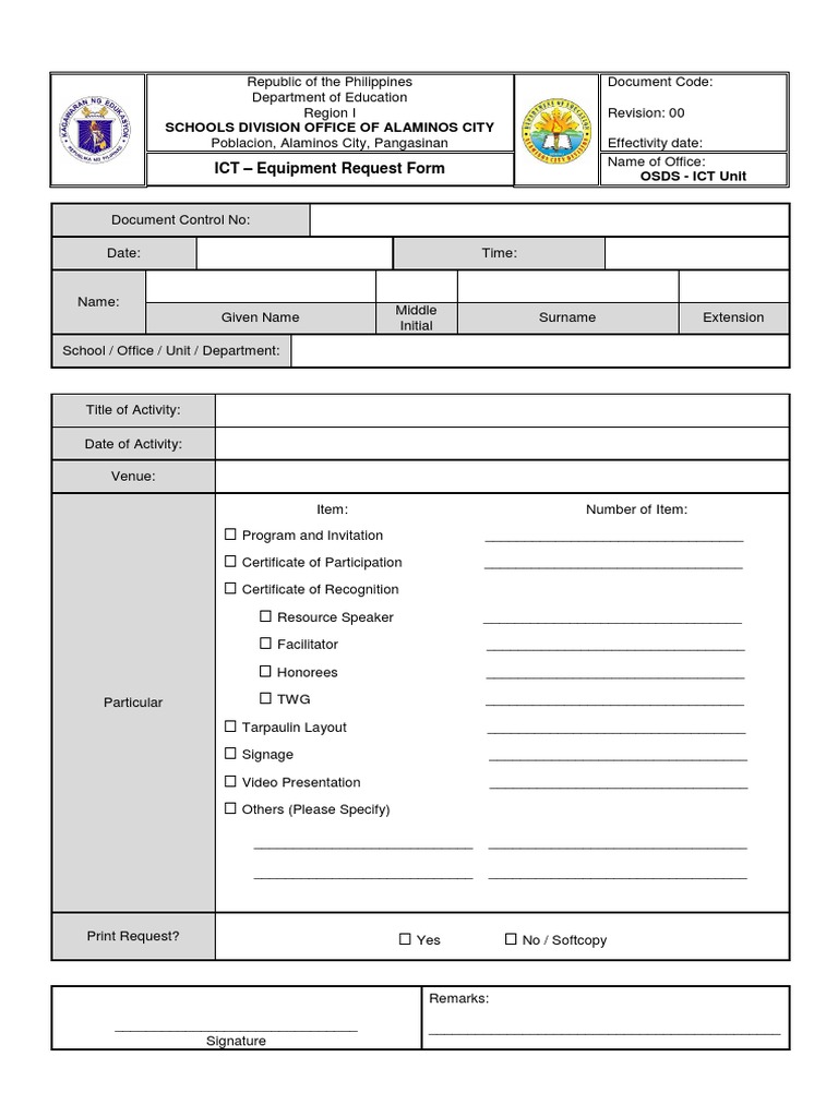 ICT - Equipment Request Form: Schools Division Office of Alaminos City ...