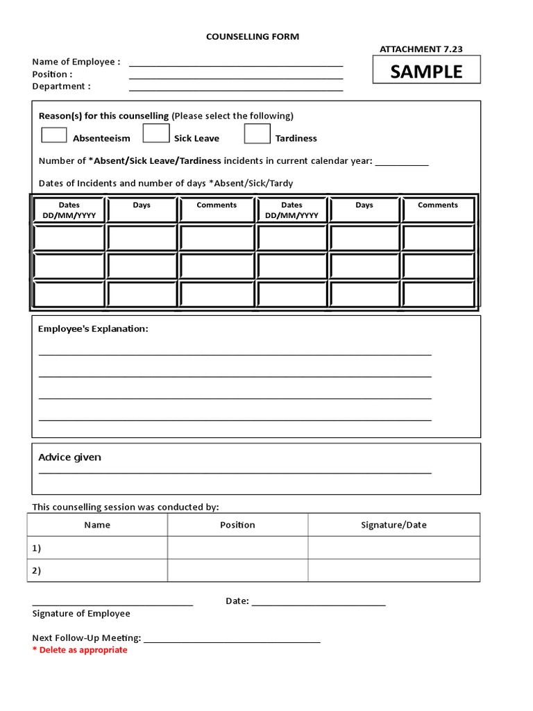 Counselling Form Absenteeism | PDF