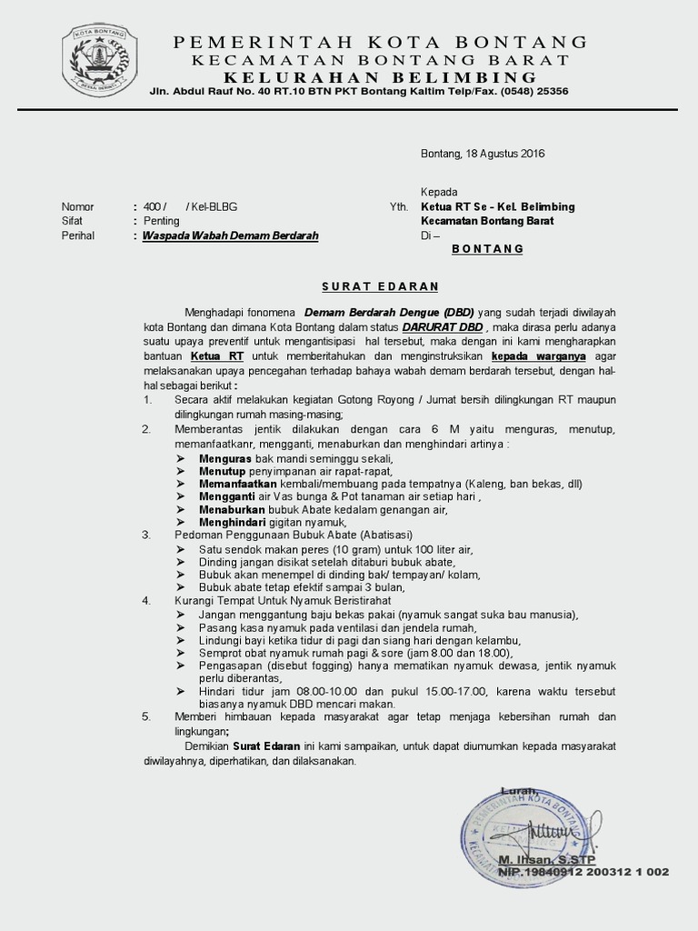 Surat Edaran Waspada Wabah Demam Berdarah | PDF