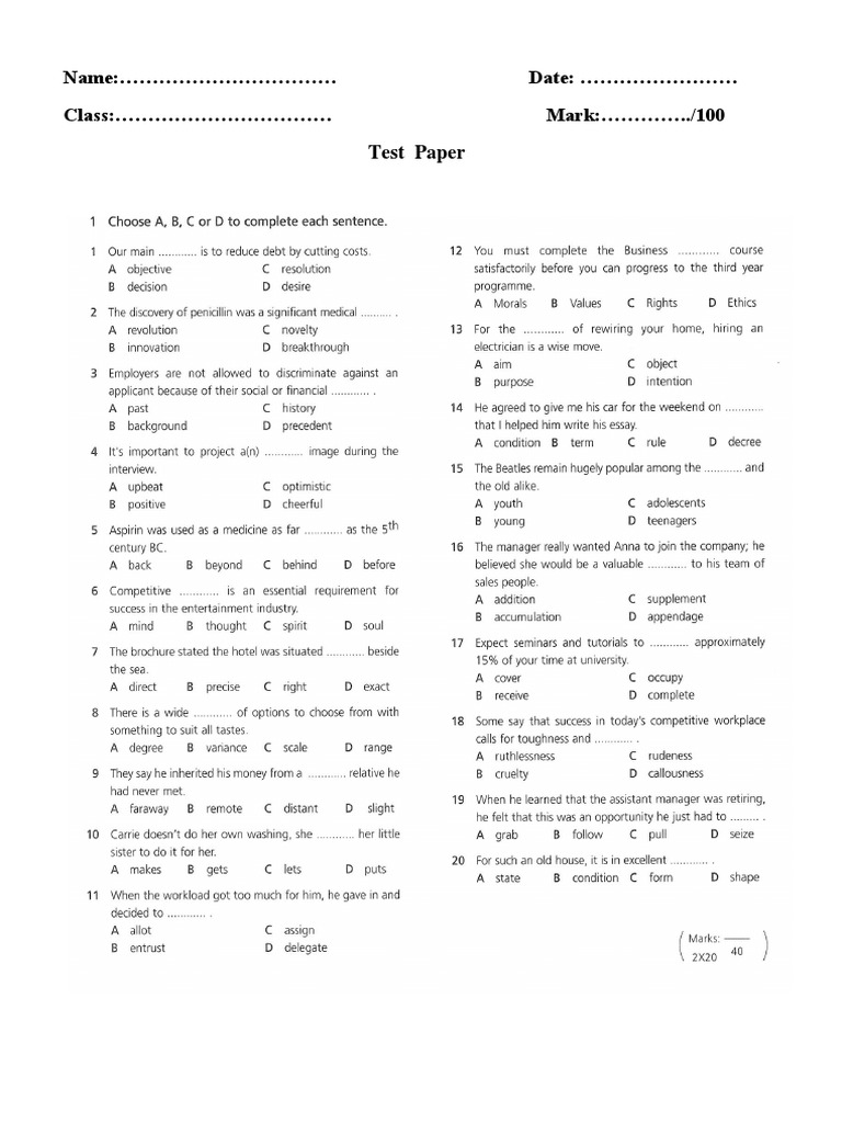 Name: Date: Class: Mark: ../100 Test Paper | PDF