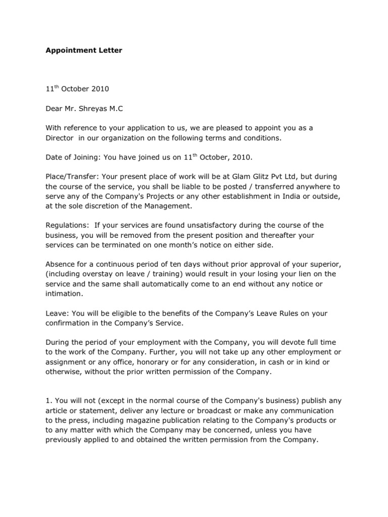 Appointment Letter | PDF | Business Law | Government
