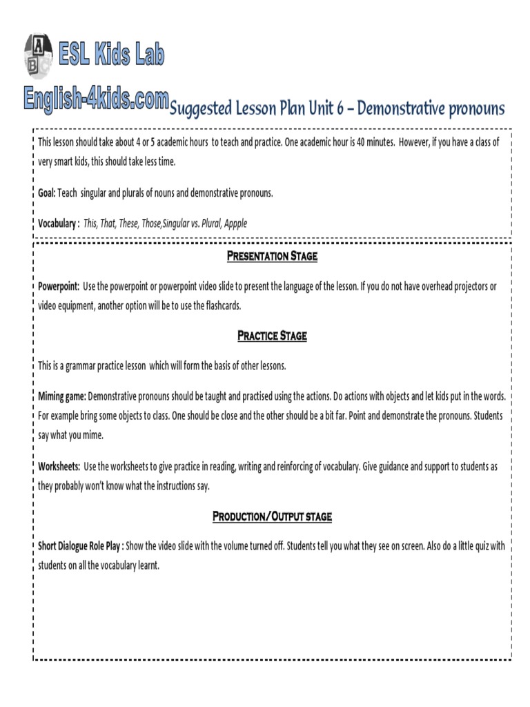 Unit 6 Lesson Plan Demonstrative Pronoun | PDF