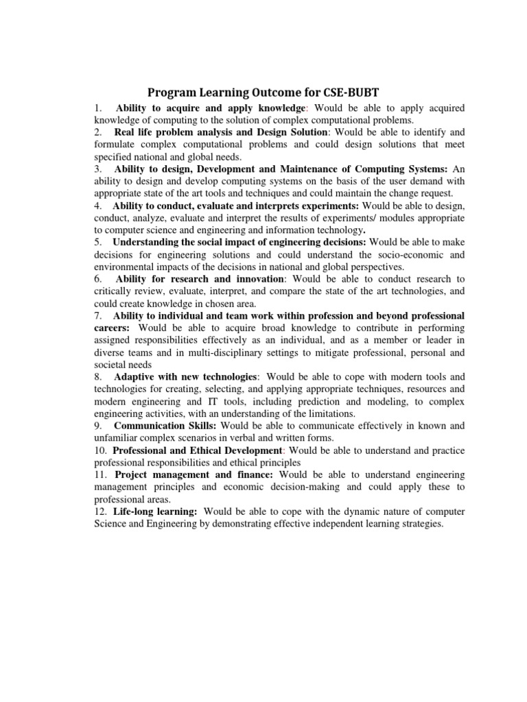 Program Learning Outcome For CSE | Download Free PDF | Engineering | Design
