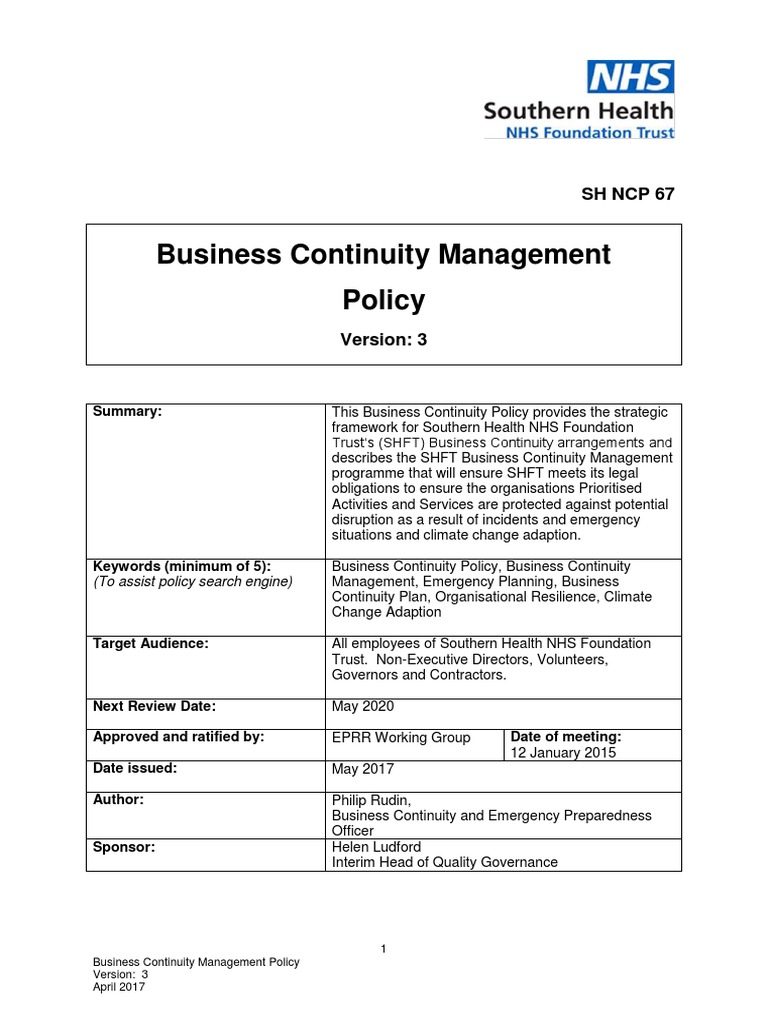 Business Continuity Management Policy V3 | PDF | Business Continuity ...