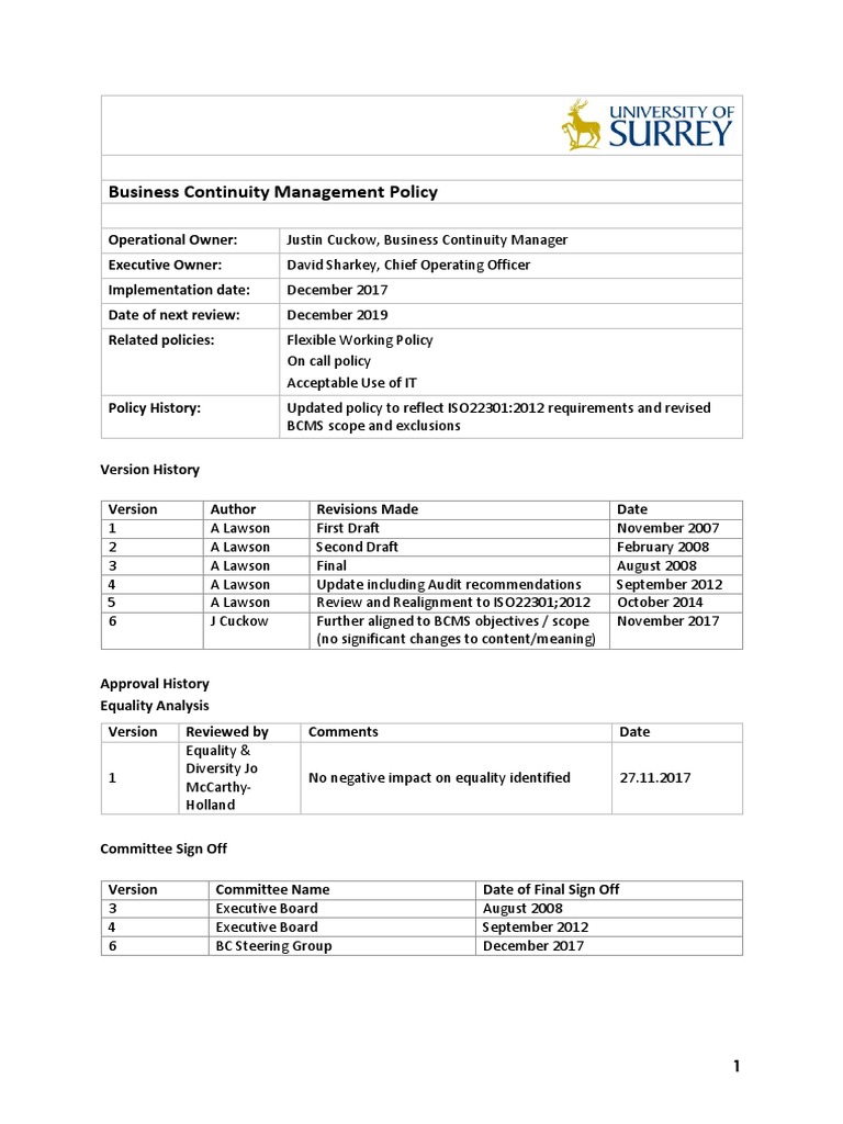 Business Continuity Management Policy (Iso22301) December 2017 1.0 ...