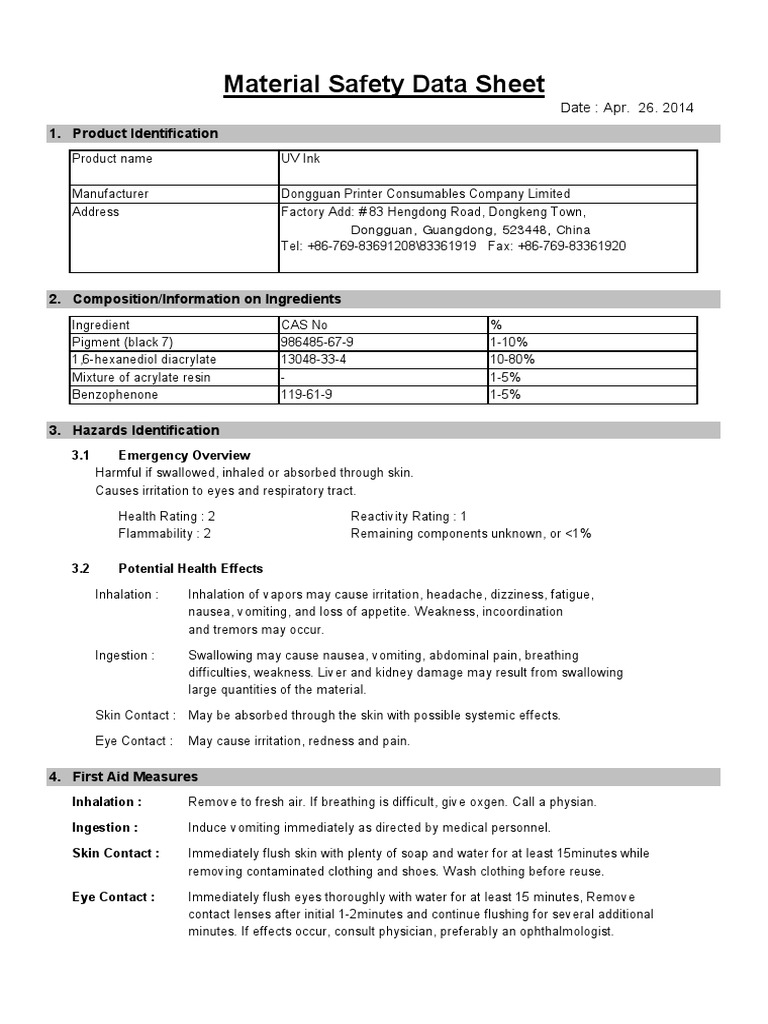 UV Ink MSDS Safety Hazards Composition | PDF | Fires | Firefighting