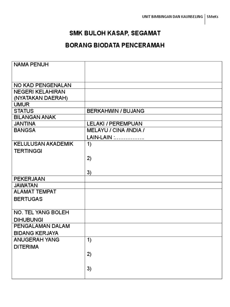 Borang Biodata Penceramah | PDF