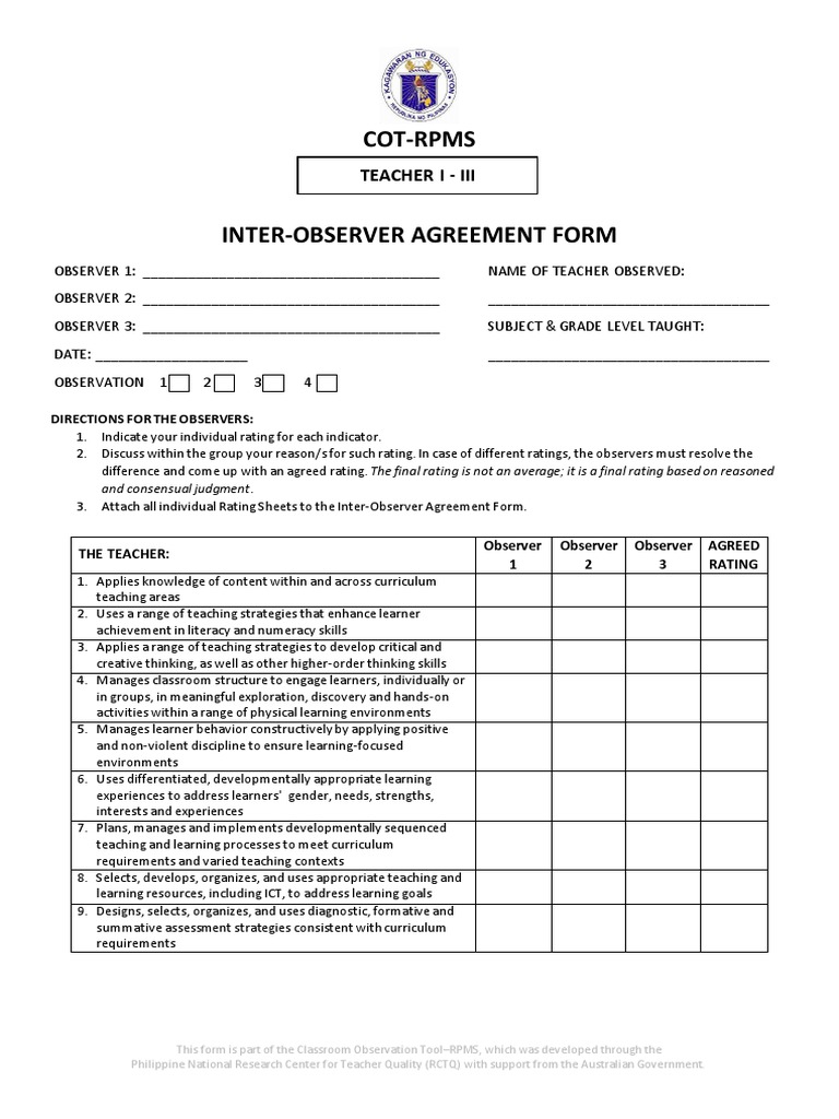 Inter Observer Agreement Form Teacher I III 051018 | PDF | Teachers ...