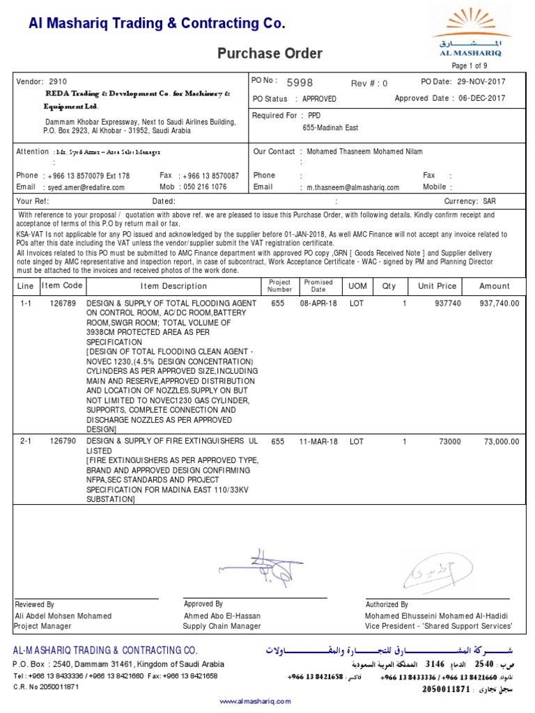 Po # 5998-Subcontract - Firefighting Work-Reda Trading & Development Co ...