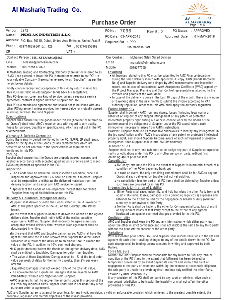 Po # 7096-Mfsd-Prime Ac Industries (L.L.C) | PDF | Indemnity | Damages