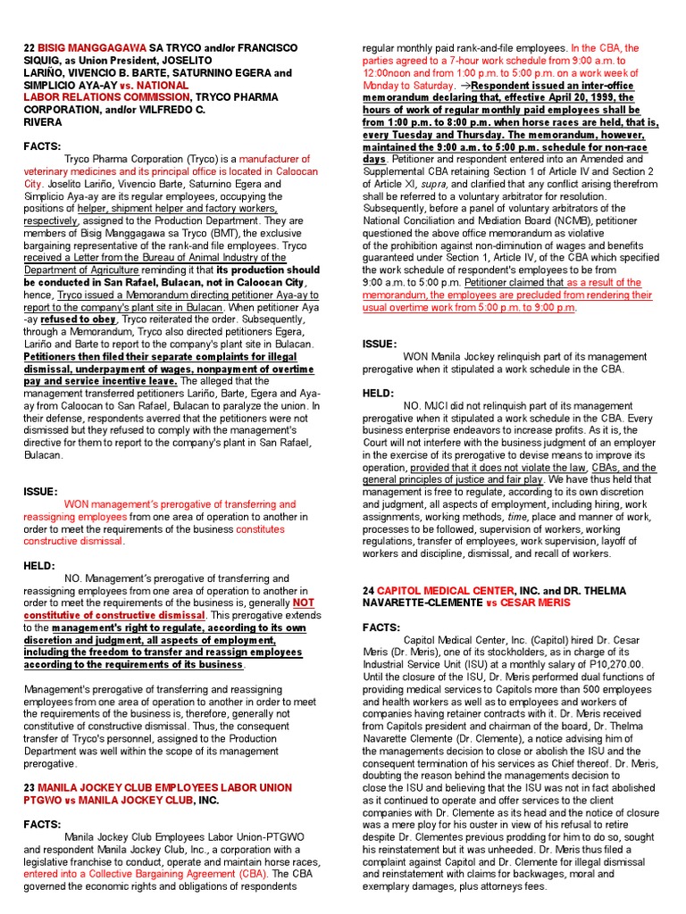 Cases On Management Prerogative | PDF | Overtime | Employment
