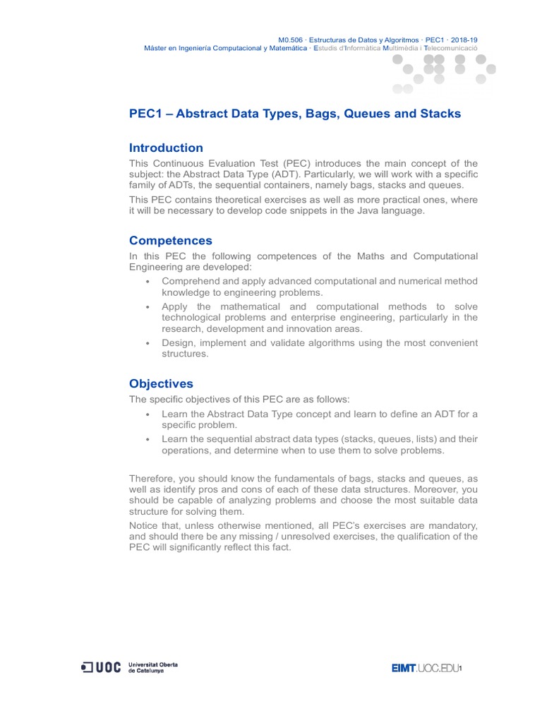 PEC1 - Abstract Data Types, Bags, Queues and Stacks | PDF | Queue ...