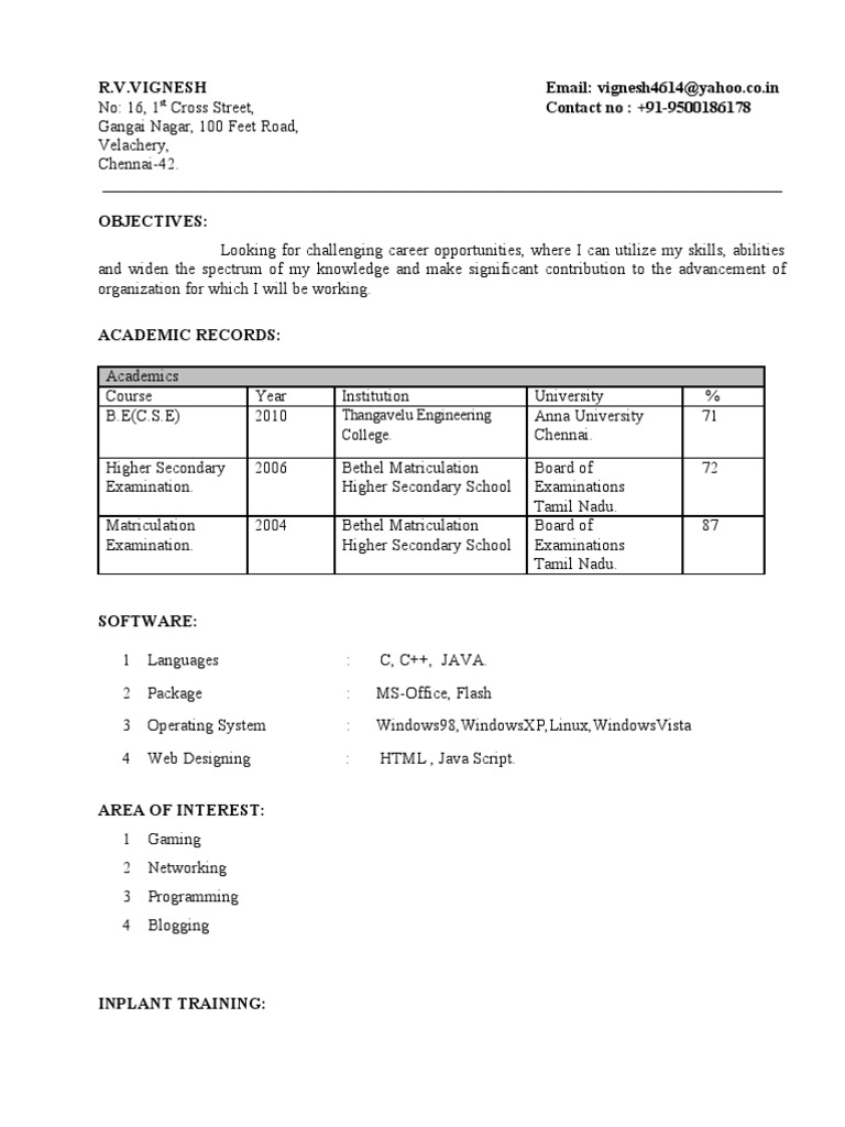 R.V.Vignesh Email: Vignesh4614@yahoo - Co.in Contact No: +91-9500186178 ...