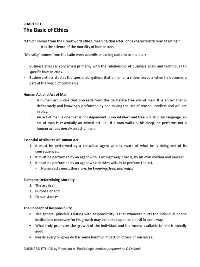 Chap 1 The Basics of Ethics | PDF | Free Will | Human