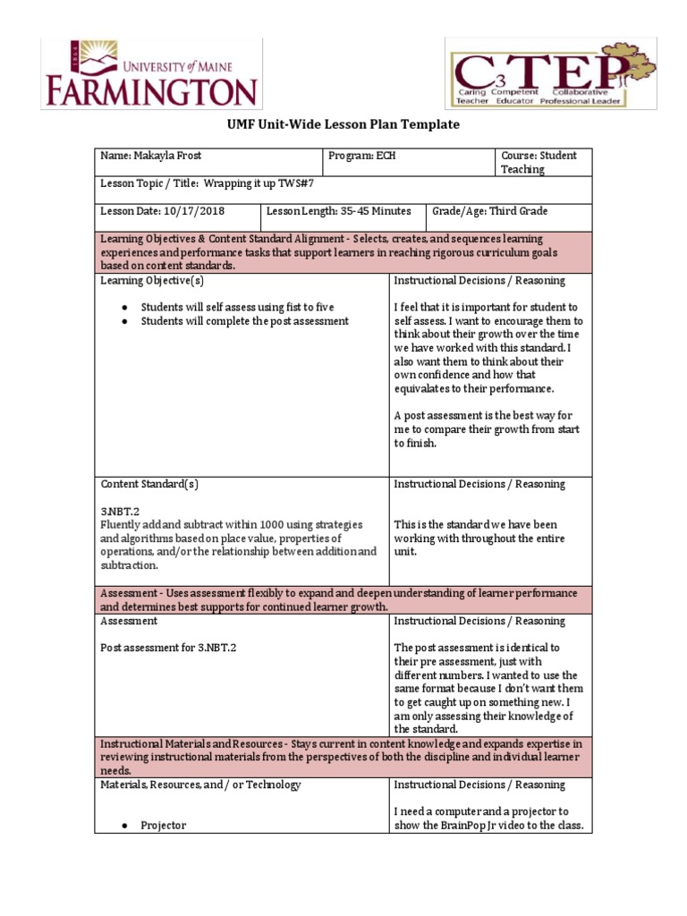 UMF Unit-Wide Lesson Plan Template | PDF | Educational Assessment ...
