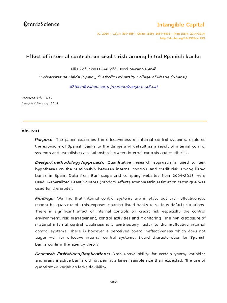 Effect of Internal Controls On Credit Risk Among Listed Spanish Banks ...