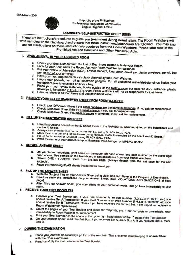 PRC Examinee's Self Instruction Sheet | PDF