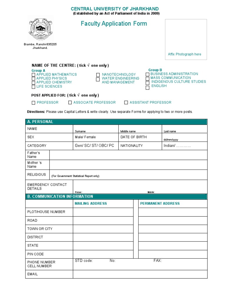 Faculty Application Form: Central University of Jharkhand | PDF