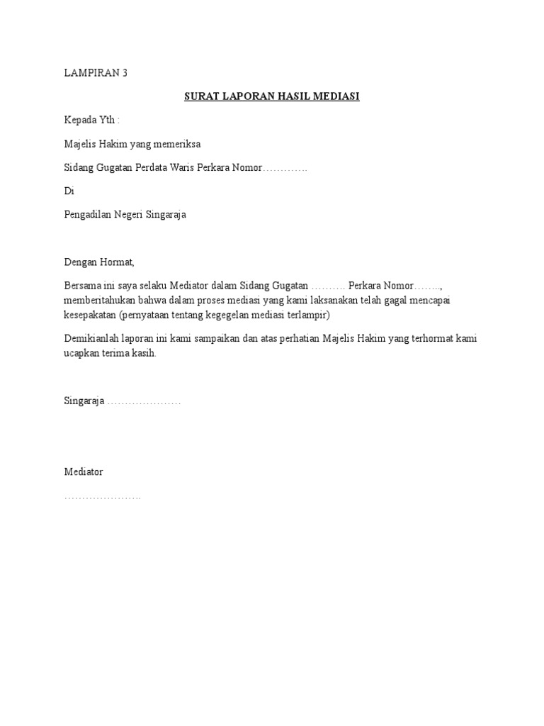 Surat Laporan Hasil Mediasi (Praktek Perdata) | PDF