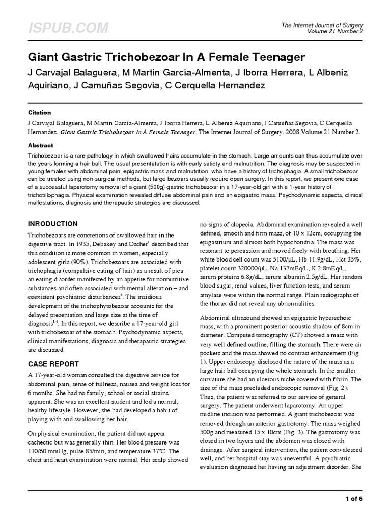 Giant Gastric Trichobezoar in A Female Teenager | PDF | Stomach | Endoscopy