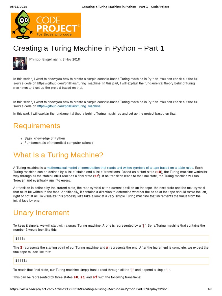 Creating a Turing Machine in Python – Part 1 - CodeProject | Python ...
