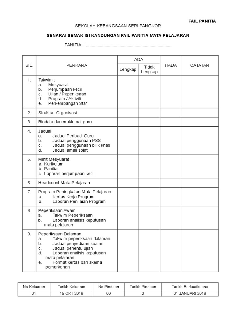 Senarai Semak Isi Kandungan Fail Panitia | PDF