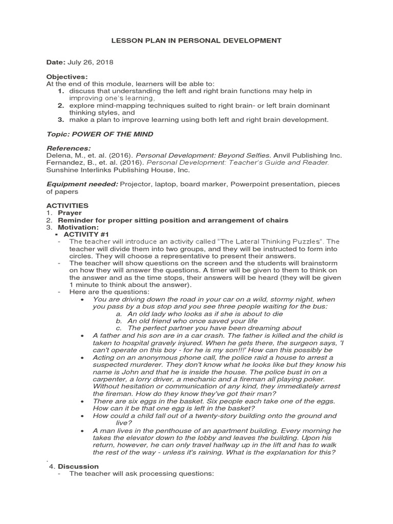 Lesson Plan - Powers of The Mind | PDF | Lesson Plan | Cognition