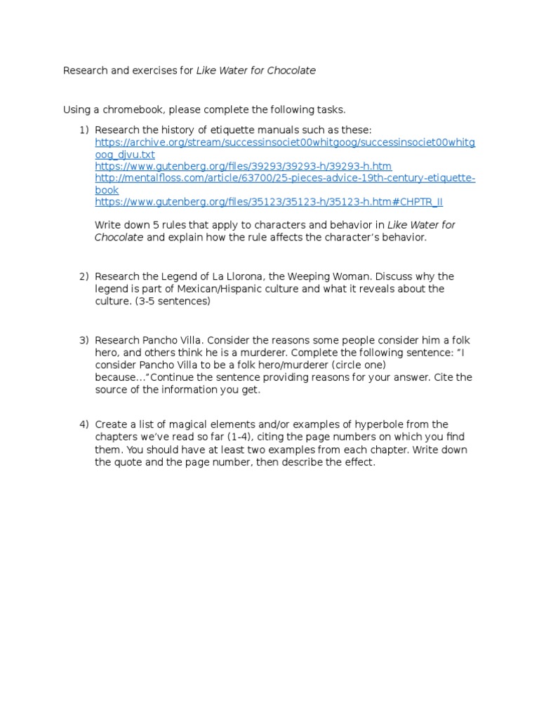Researchandexercisesfor Like Waterfor Chocolate | PDF