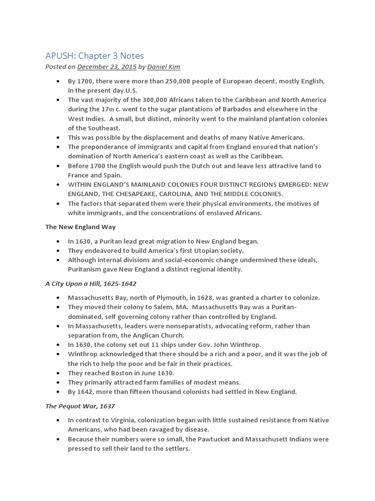 APUSH: Chapter 3 Notes: Posted On December 23, 2015 by Daniel Kim | PDF ...