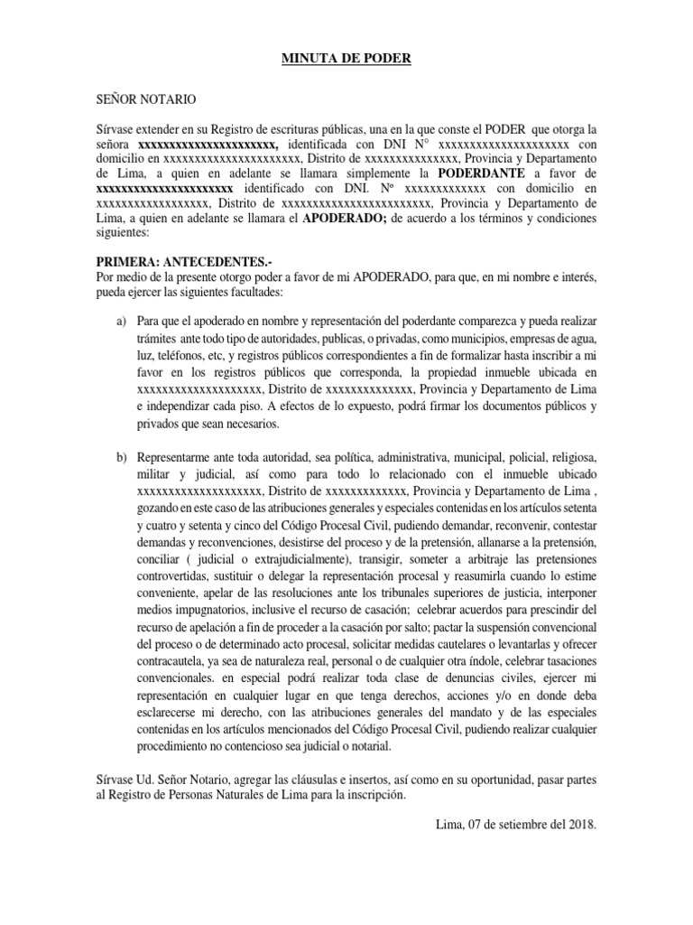 Minuta de Poder amplio y general | Ley procesal | Virtud | Prueba ...
