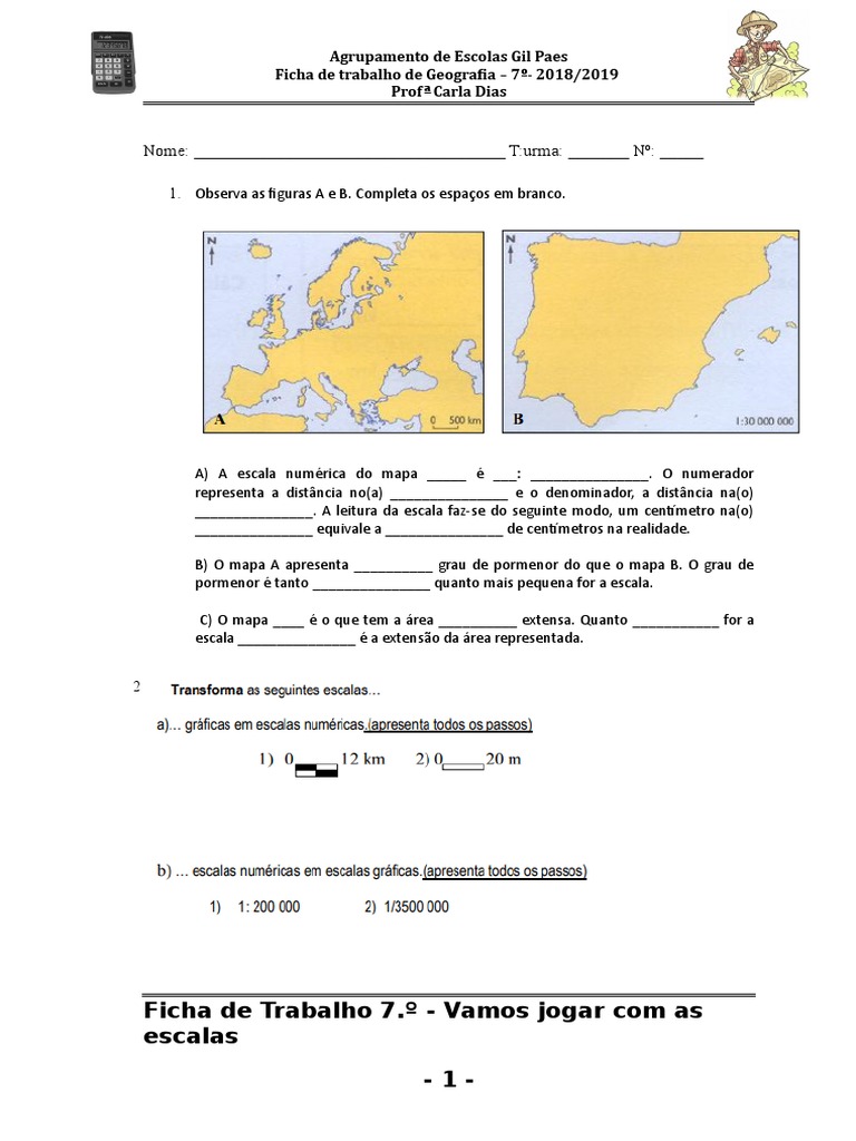 Exercícios de Escalas Geográficas 7º Ano | PDF | Ensino de Matemática ...