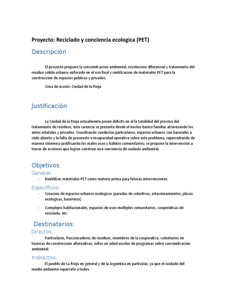 Descripción Del Proyecto Pet | PDF | Reciclaje | Residuos