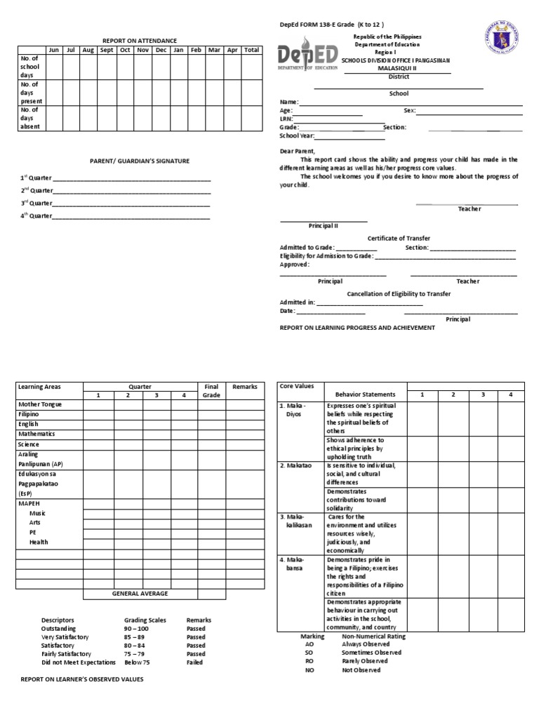 DepEd FORM 138-E Report Card | PDF | Behavior Modification | Psychology