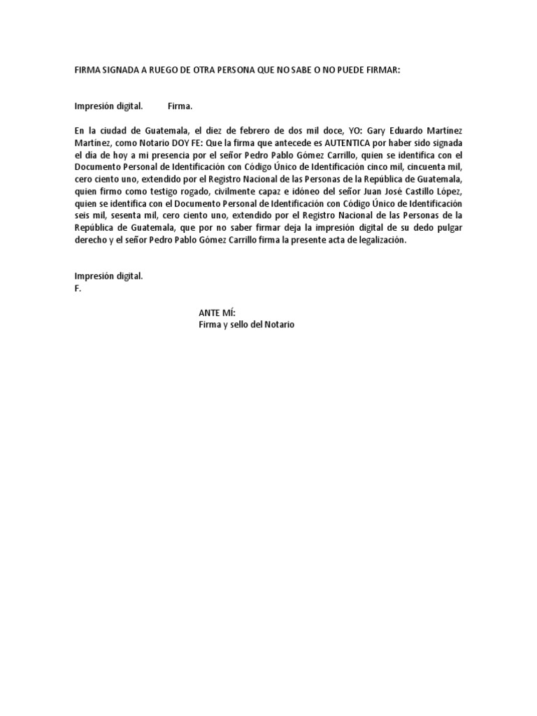 Firma Signada A Ruego de Otra Persona Que No Sabe o No Puede Firmar ...