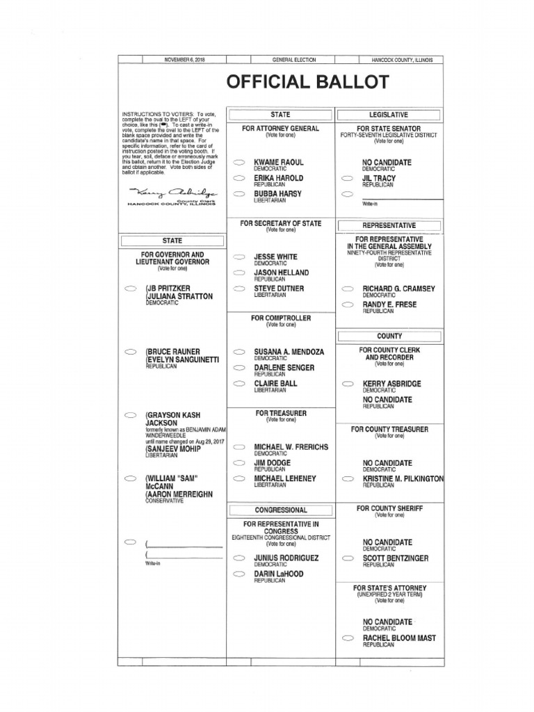 Hancock County IL Sample Ballot 11/2018 | PDF | Voting