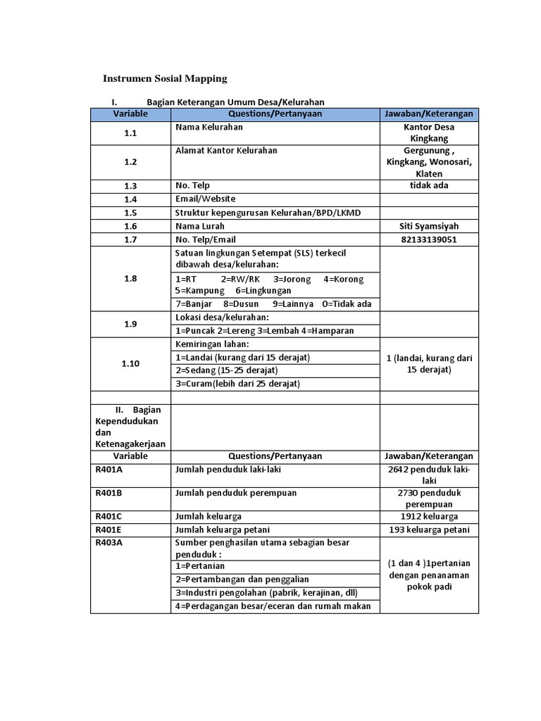 Instrumen Sosial Mapping Desa Kingkang | PDF