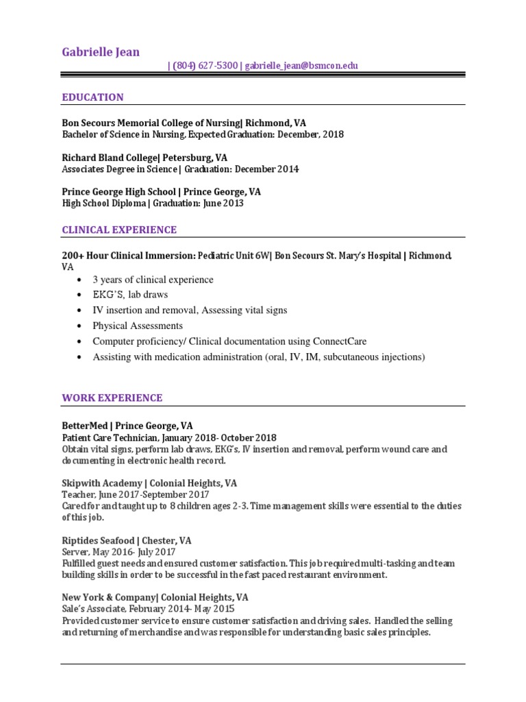 Gabrielle Jean Resume | PDF | Nursing | Health Care