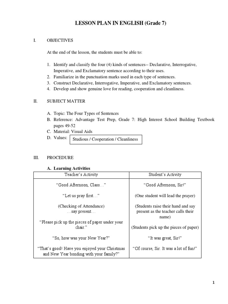 Sample Lesson Plan in English (G7) | PDF | Question | Sentence (Linguistics)