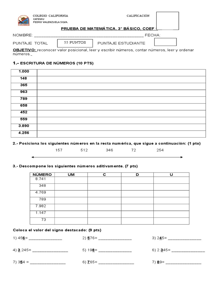 Prueba de Tercero Basico Valor Ordenar y Comparar Numeros | PDF | Business