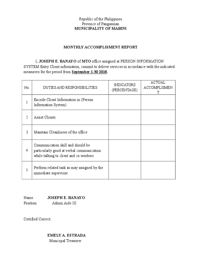 Monthly Accomplishment | PDF