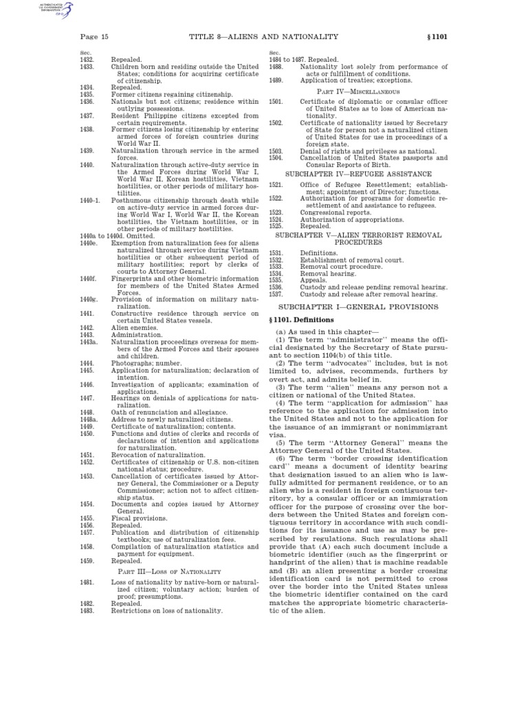 The Immigration and Nationality Act (INA), 8 U.S.C. 1101 Et Seq. | PDF | Panama Canal Zone ...