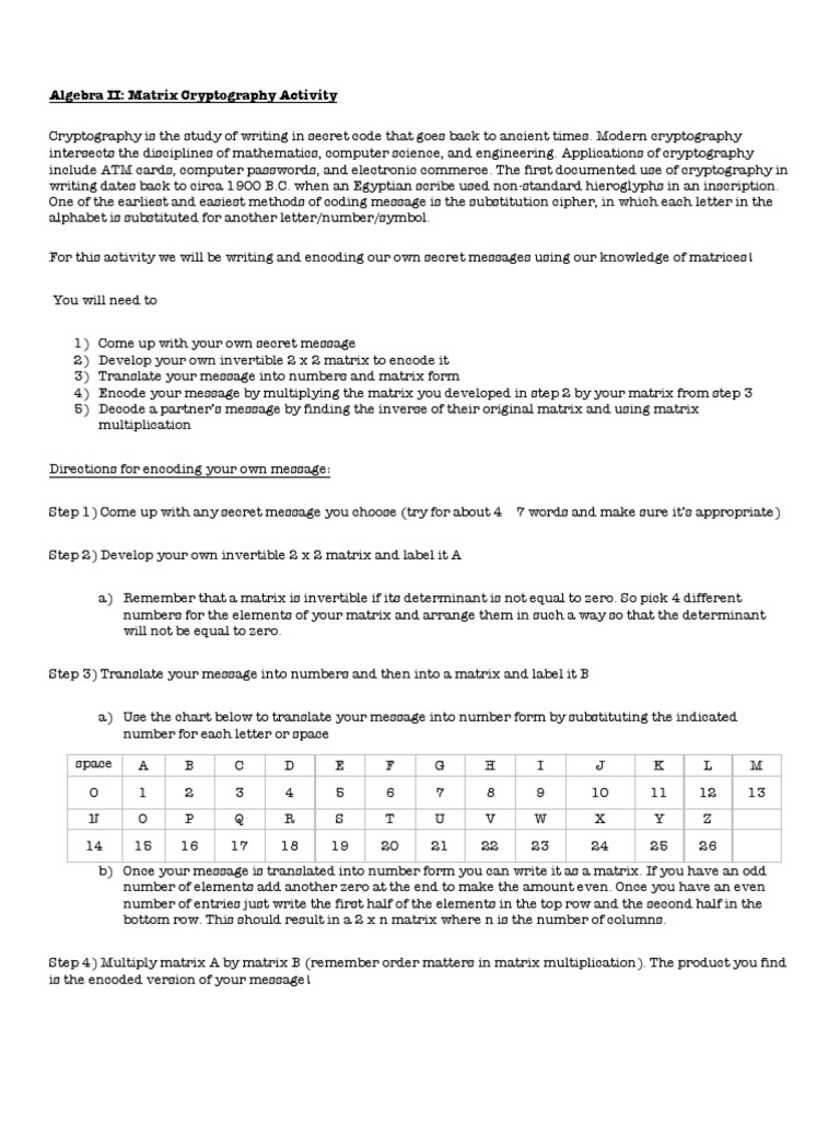 Algebra II Cryptography Activity | PDF | Matrix (Mathematics) | Cryptography