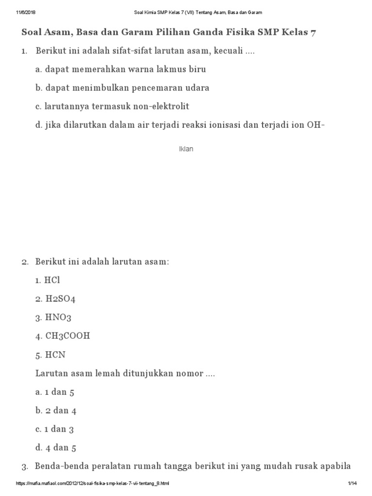 Soal Kimia SMP Kelas 7 (VII) Tentang Asam, Basa Dan Garam | PDF