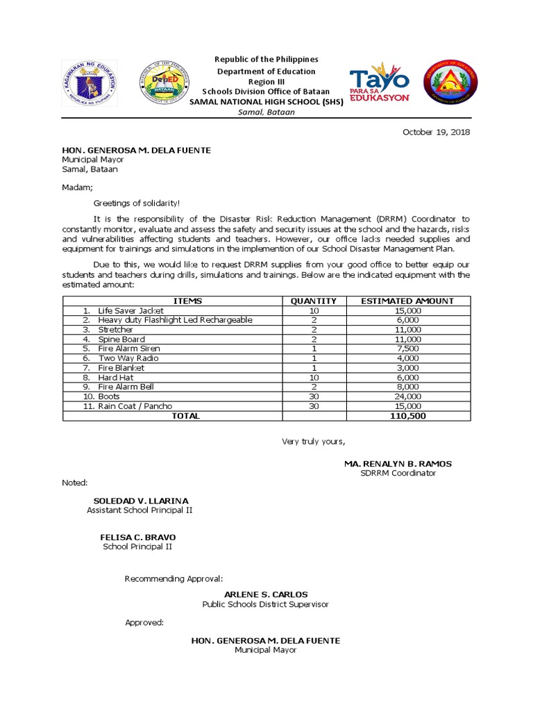 Letter Request For DRRM Supply | PDF | Safety | Emergency Management