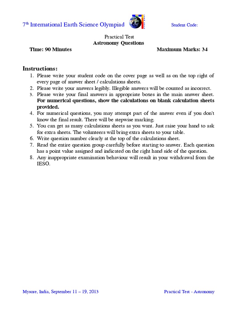 Instructions:: 7 International Earth Science Olympiad | PDF | Stellar ...