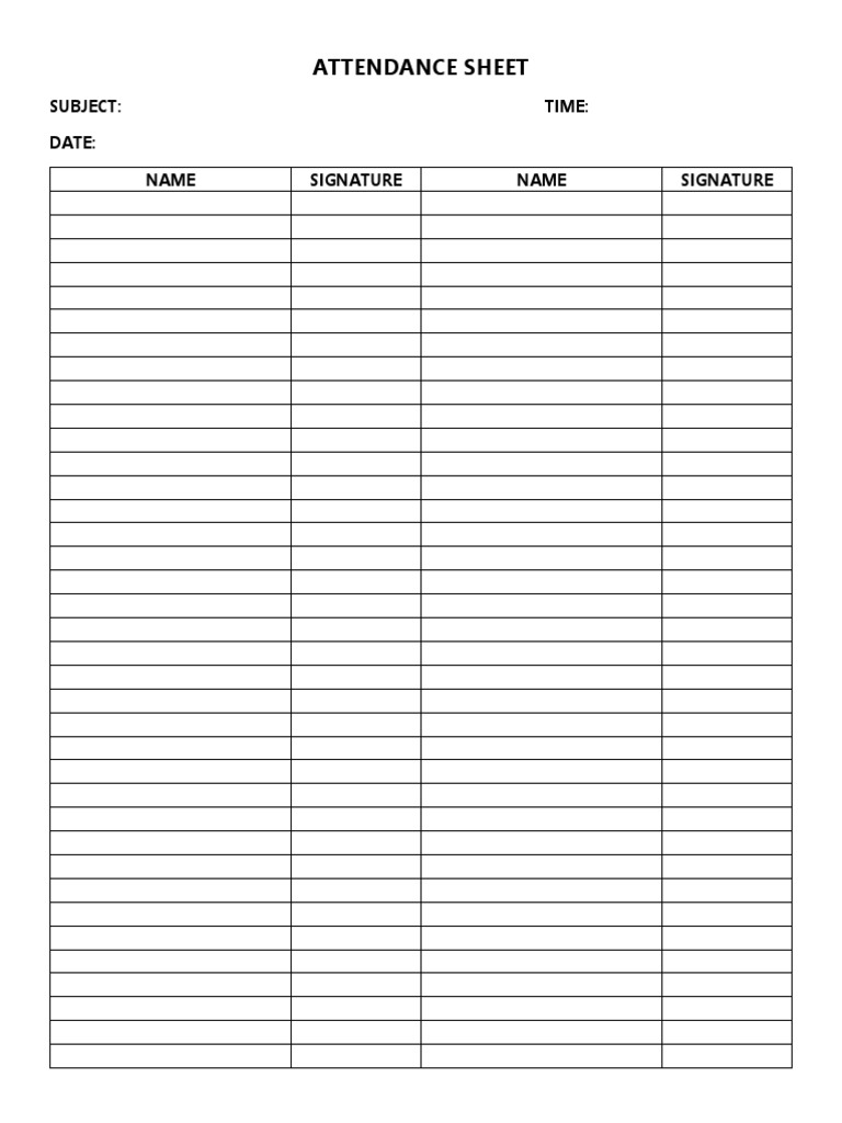 Attendance Sheet: Subject: Time: Date: Name Signature Name Signature | PDF