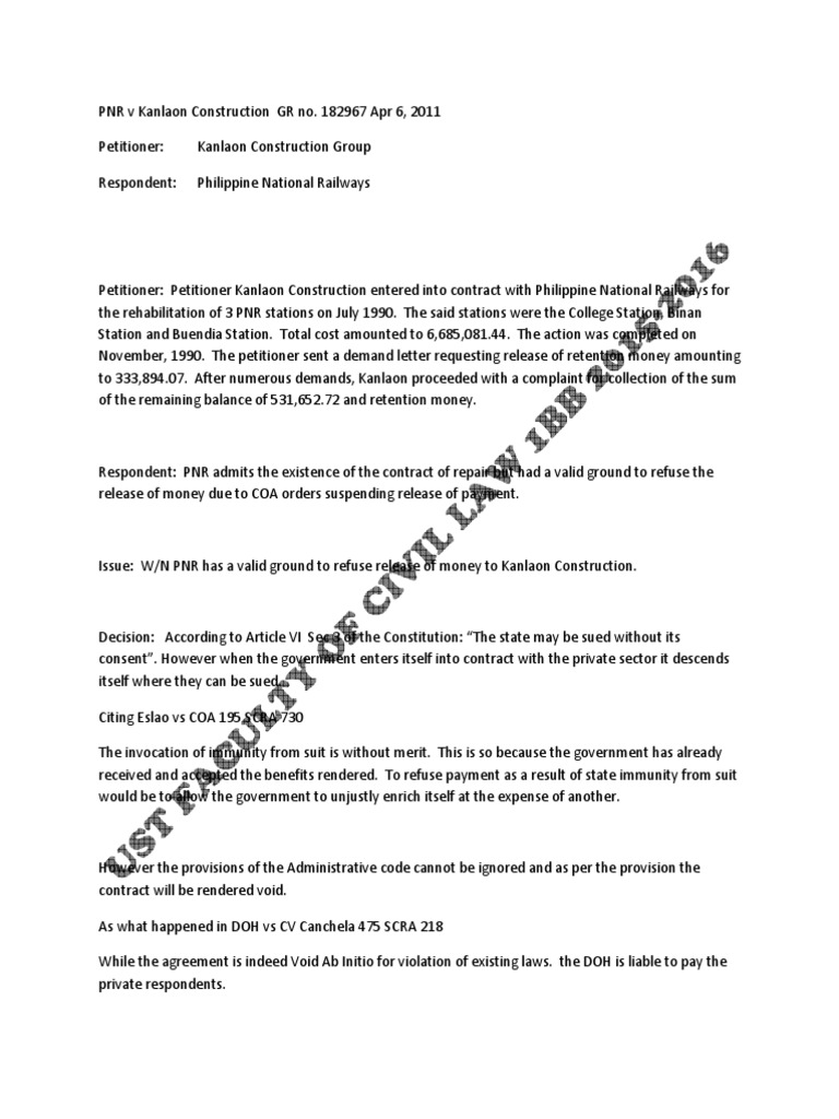 PNR v Kanlaon Construction Case Summary | PDF | Finance & Money Management