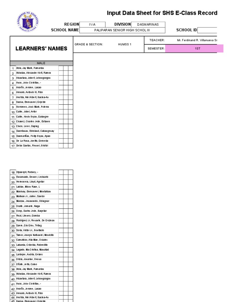 Learners' Names: Input Data Sheet For SHS E-Class Record | PDF