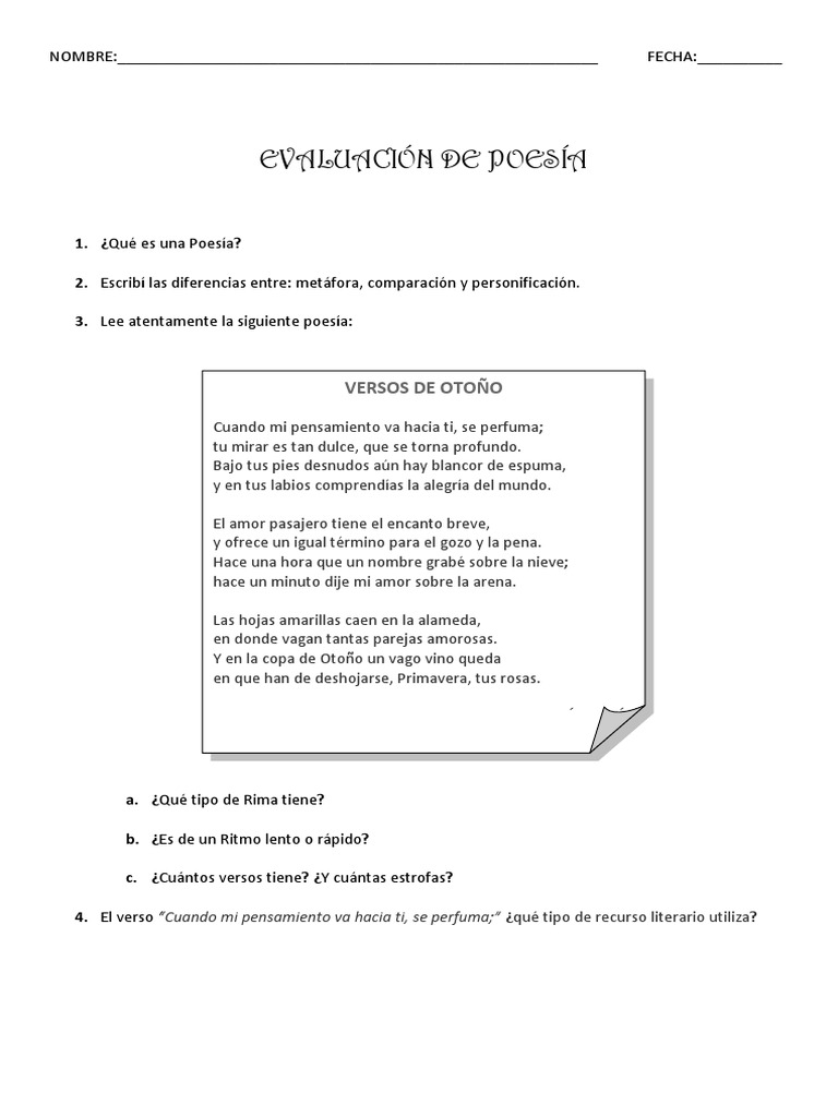 Evaluación de Poesía para Estudiantes | PDF | Artes del Lenguaje y ...