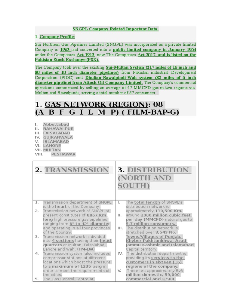 SNGPL Company Gas Network Regions | PDF | Natural Gas | Islamabad